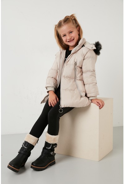 Lela Tüylü Kapüşonlu Cepli Şişme Mont Kız Çocuk Mont 5766038