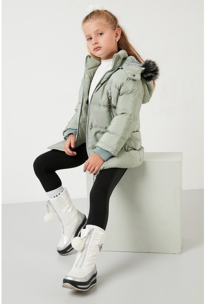 Lela Tüylü Kapüşonlu Cepli Şişme Mont Kız Çocuk Mont 5766038