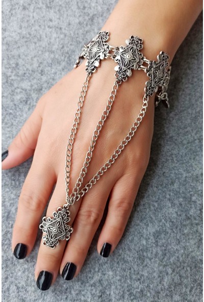 Fildişi Aksesuar Antik Gümüş Kaplama Dörtgen Şekilli El Yapımı Kadın Şahmeran