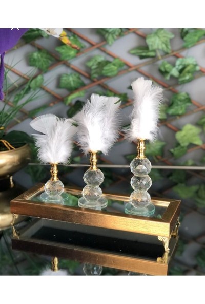 In Dream Üç Adet Gold Beyaz Tüylü Kristal Cam Dekor Tüylük Ürünü