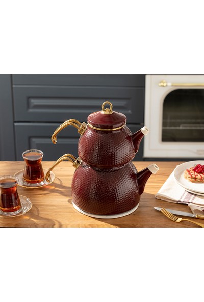 English Home Ceremony Emaye Çaydanlık 1,1 Litre + 2,3 Litre Bordo English Home Ceremony Emaye Çaydanlık 1,1 Litre + 2,3 Litre Bordo