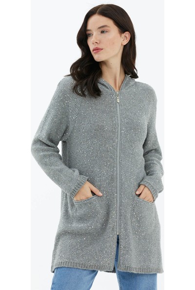 Sementa Kapüşonlu Fermuarlı Pullu Triko Hırka - Gri