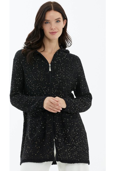 Sementa Kapüşonlu Fermuarlı Pullu Triko Hırka - Siyah Sementa Kapüşonlu Fermuarlı Pullu Triko Hırka - Siyah