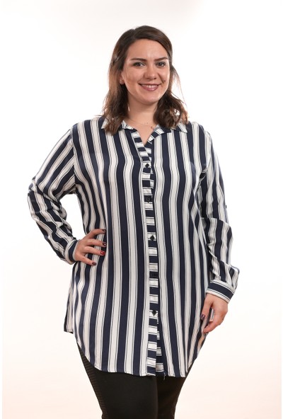 Lacivert Çizgili Kadın Büyük Beden Gömlek