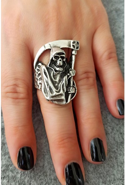 Fildişi Aksesuar Antik Gümüş Kaplama Oraklı Kuru Kafa Şeytan Şekilli Ayarlanabilir Yüzük