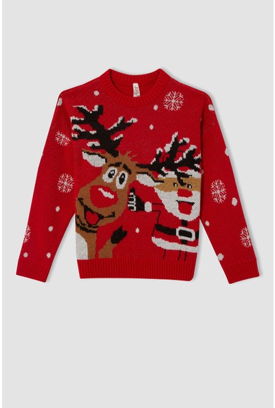 DeFacto Kız Çocuk Bisiklet Yaka Yılbaşı Temalı Geyik Figürlü Kazak U6118A621WN