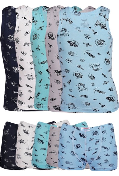 Onurel 5'li Erkek Çocuk Karışık Renk Uzay Desenli Likralı Takım