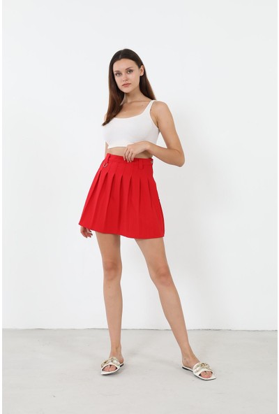 Foremia Pileli Mini Etek-Kırmızı