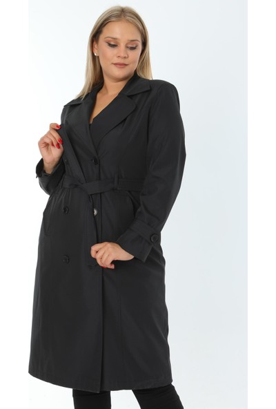 Ladıes Fırst Büyük Beden 3679 Siyah Trençkot Düğmeli Kemerli