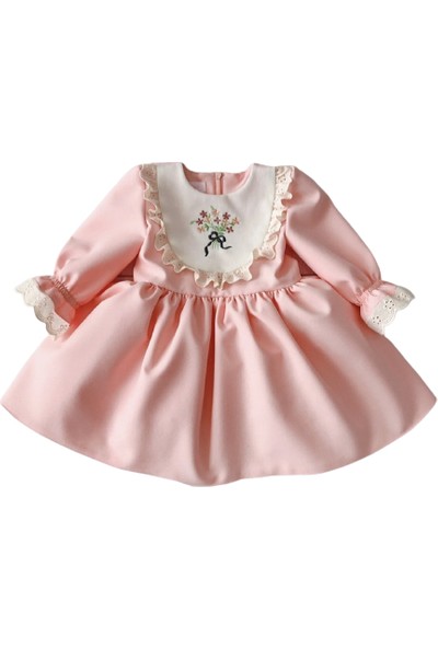 Elifname Kız Çocuk Elbise Somon Rengi Buket Nakışlı