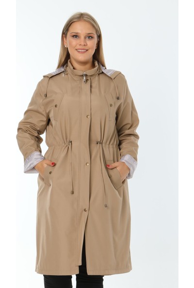 Ladıes Fırst Büyük Beden 3680 Vizon Trençkot Fermuarlı Kapüşonlu
