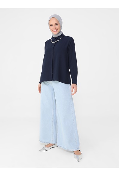 Refka Aerobin Gizli Patlı Arkası Uzun Bluz Gömlek - Lacivert - Refka Casual Refka Aerobin Gizli Patlı Arkası Uzun Bluz Gömlek - Lacivert - Refka Casual
