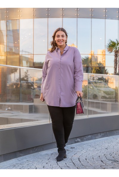 Alia Büyük Beden Pamuk Karışımlı Gömlek Tunik - Toz Lila - Alia