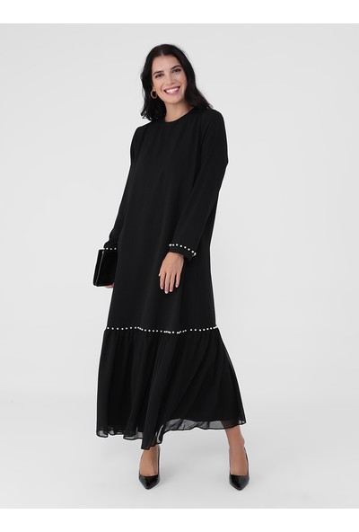 Alia Büyük Beden Inci Detaylı Elbise - Siyah - Alia
