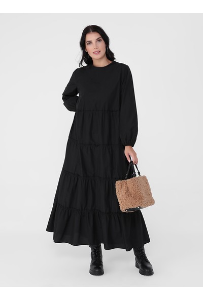 Alia Büyük Beden Pamuk Karışımlı Kol Uçları Lastikli Salaş Elbise - Siyah - Alia