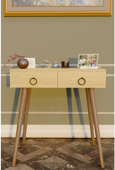 Ünüvar Konsept Ahşap Ayaklı Çift Çekmeceli Modern Dresuar Meşe Ceviz Ayak