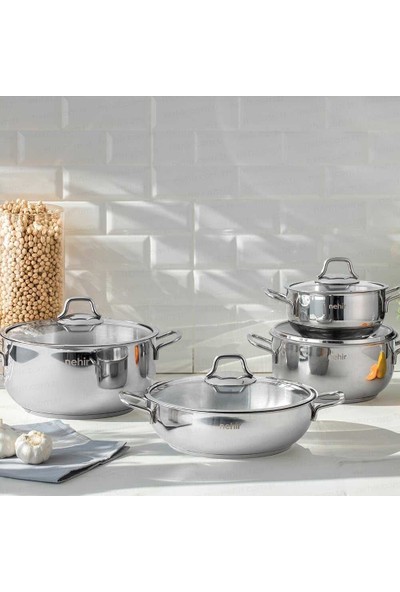 Nehir Silver Güveç 8 Parça Çelik Tencere Seti Nehir Silver Güveç 8 Parça Çelik Tencere Seti