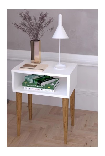 Ankara Orman Ürünleri 1. Sınıf Beyaz Mdf Komodin - Ceviz Ahşap Ayaklı