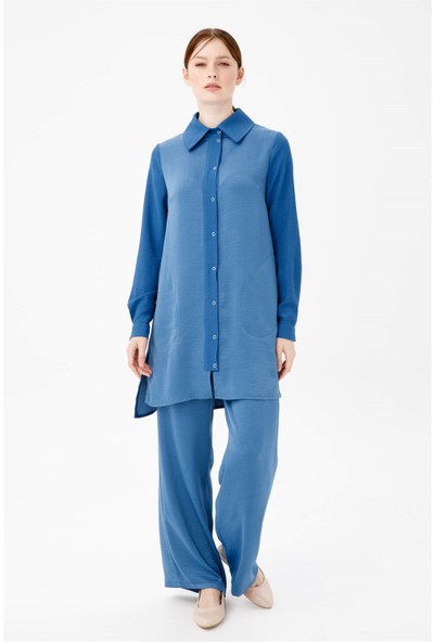 Esswaap Önü Çıt Çıtlı Cep Detaylı Tunik Pantolonlu Takım Indigo Esswaap Önü Çıt Çıtlı Cep Detaylı Tunik Pantolonlu Takım Indigo