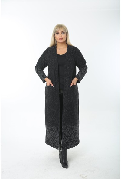 mezura Kadın Büyük Beden Jakar Kumaş Uzun Tesettüre Uygun Hırka Kaban