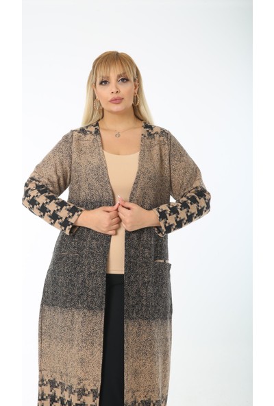 mezura Kadın Büyük Beden Jakar Kumaş Uzun Tesettüre Uygun Hırka Kaban