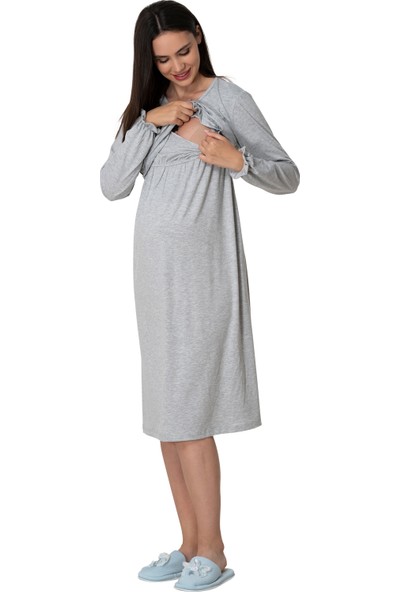 Mecit 5539 Gri Emzirme Özellikli Hamile Lohusa Elbise