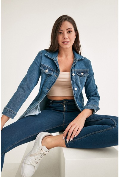 FullaModa Düğmeli Boyfriend Kot Ceket