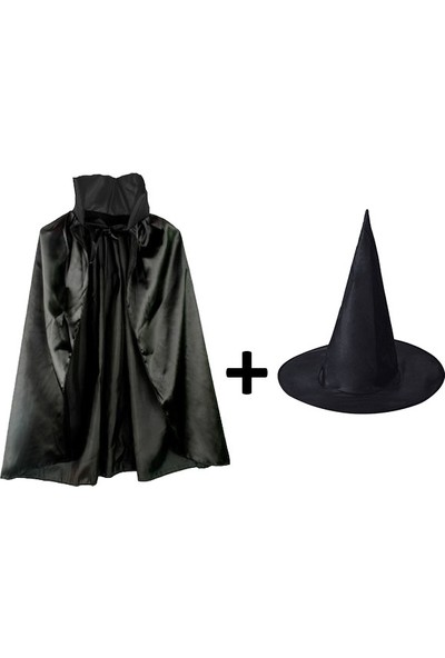Herşeyburada Parti Siyah Yakalı Pelerin ve Siyah Cadı Şapkası Seti Çocuk Boy