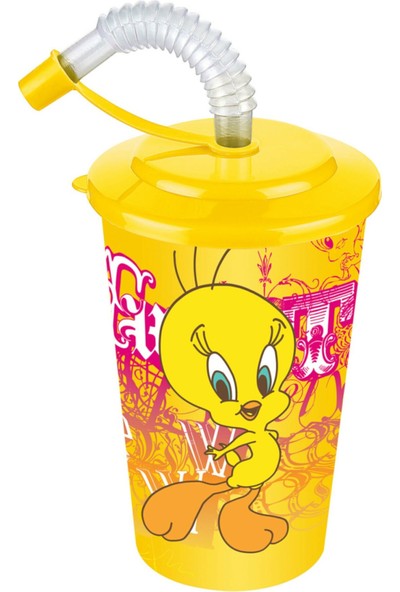 Morevia Plast Tweety Lisanlı Kapaklı Pipetli Bardak 400 ml