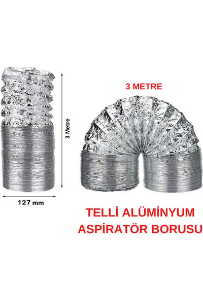 Beyaz Pazar Aspiratör Davlumbaz Ankastre Havalandırma Borusu 3 M Çelik Telli Alüminyum