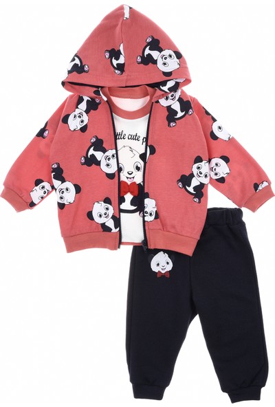 Necix's Serpme Panda Figürlü Kapşonlu Üçlü Takım Erkek Mevsimlik-Kiremit