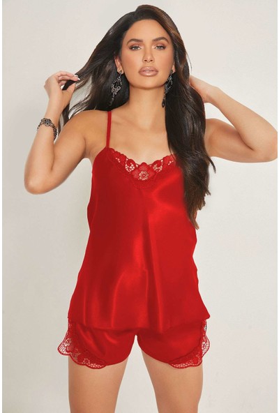 Ifondi Şortlu Saten Gecelik Takım Kırmızı