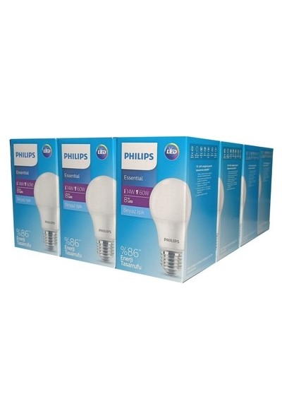 Philips 8W Beyaz Renk LED Ampul 12Lİ Paket 6500K Philips 8W Beyaz Renk LED Ampul 12Lİ Paket 6500K