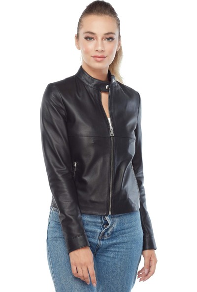 Deriza Hakiki Deri Flora Kadın Ceket Siyah