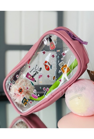 Derin Düşler Make Up Tasarımlı Şeffaf Pembe Kalemlik ve El Çantası