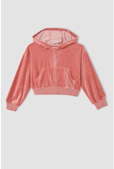 DeFacto Kız Çocuk Kapüşonlu Kanguru Cepli Kadife Hırka V0071A621Au