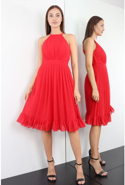 Love Is Everywhere Kadın Kırmızı Bisiklet Yaka Sıfır Kol Beli Büzgülü Eteği Fırfırlı Şifon Abiye Elbise