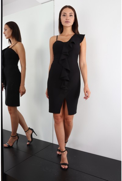 Love Is Everywhere Kadın Siyah Tek Omuz Önü Fırfırlı Önden V Yırtmaçlı Kısa Abiye Elbise