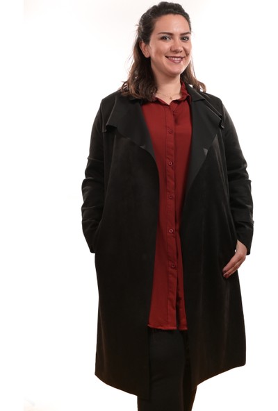 Işıltı fashion Siyah Renkli Beli Kuşaklı Süet Büyük Beden Kadın Trenckot