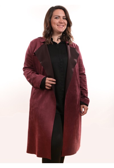Işıltı fashion Bordo Renkli Beli Kuşaklı Süet Büyük Beden Kadın Trenckot