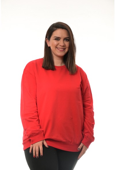 Işıltı fashion Kırmızı Renkli Iki Iplik Büyük Beden Kadın Sweatshirt