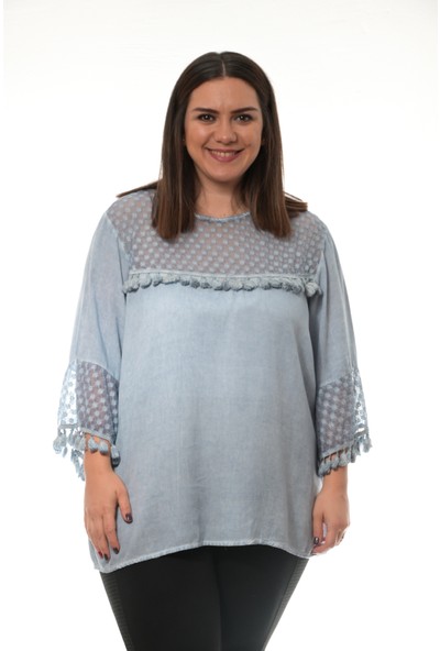 Işıltı fashion Mavi Renkli Püsküllü Dantelli Büyük Beden Kadın Bluz Işıltı fashion Mavi Renkli Püsküllü Dantelli Büyük Beden Kadın Bluz