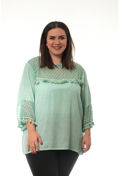 Işıltı fashion Yeşil Renkli Püsküllü Dantelli Büyük Beden Kadın Bluz Işıltı fashion Yeşil Renkli Püsküllü Dantelli Büyük Beden Kadın Bluz