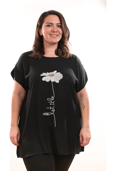 Siyah Renkli Çiçek Nakışlı Büyük Beden Kadın Bluz