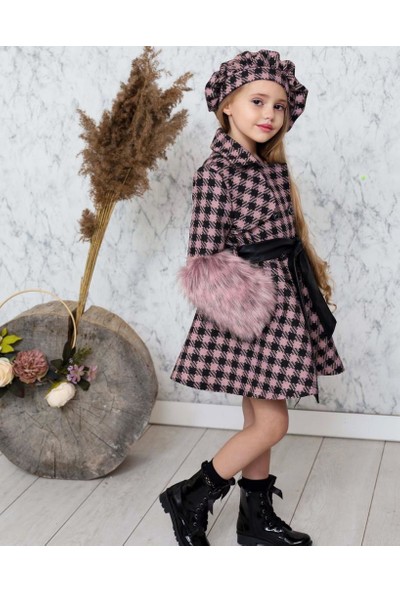 Uğur Böceği Çocuk Ekoseli Manto Deri Etek Şapkalı 5li Takım Kol Kürklü