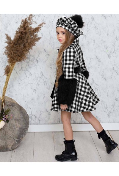 Uğur Böceği Çocuk Ekoseli Manto Deri Etek Şapkalı 5li Takım Kol Kürklü