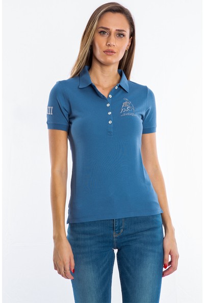 Lamborghini Mavi Polo Yaka Kadın Tişört