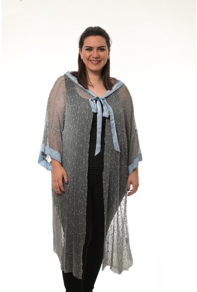 Işıltı fashion Kapüşonlu Beli Kuşaklı Uzun File Hırka