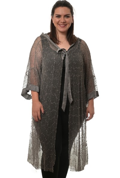 Işıltı fashion Kapüşonlu Beli Kuşaklı Uzun File Hırka