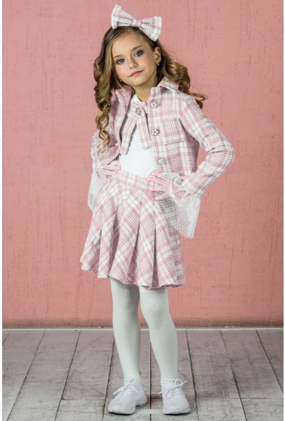 Riccotarz Kız Çocuk Taş Broşlu Pudra Ekose Etekli Takım